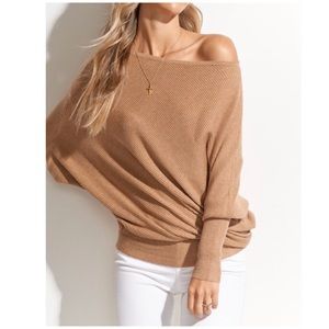 Sweaters | Camel Knit Off The Shoulder Slouchy Oversized Top | Poshmark